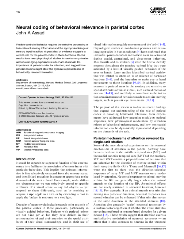 (PDF) Neural coding of behavioral relevance in parietal cortex