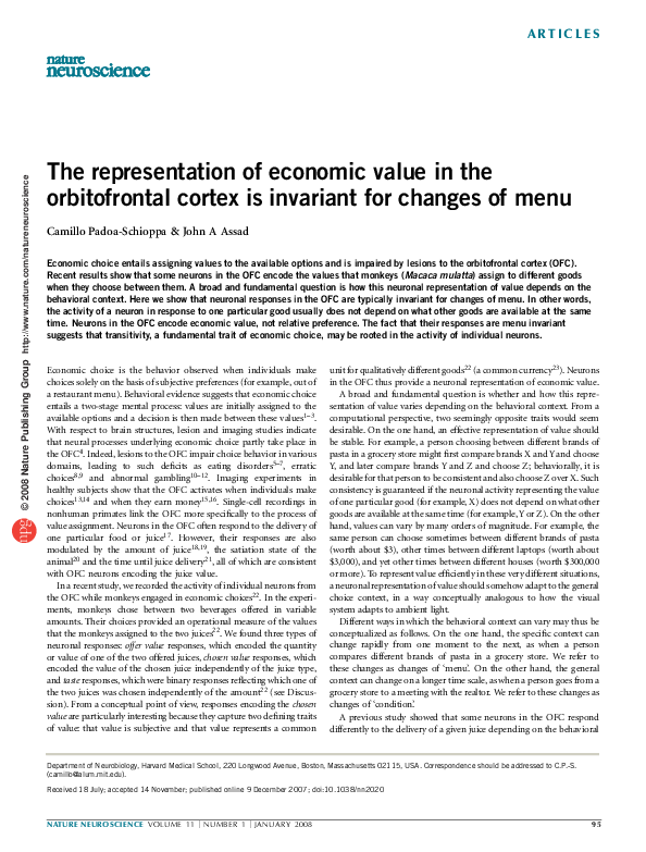 Pdf The Representation Of Economic Value In The Orbitofrontal Cortex