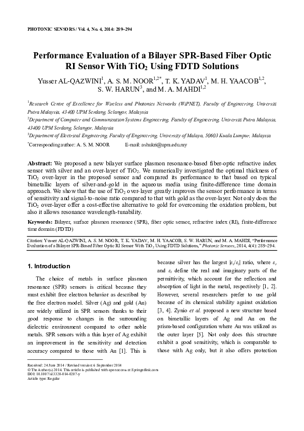(PDF) Performance evaluation of a bilayer SPR-based fiber optic RI sensor with TiO2 using FDTD ...