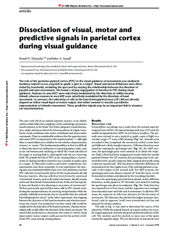 (PDF) Dissociation of visual, motor and predictive signals in parietal cortex during visual guidance