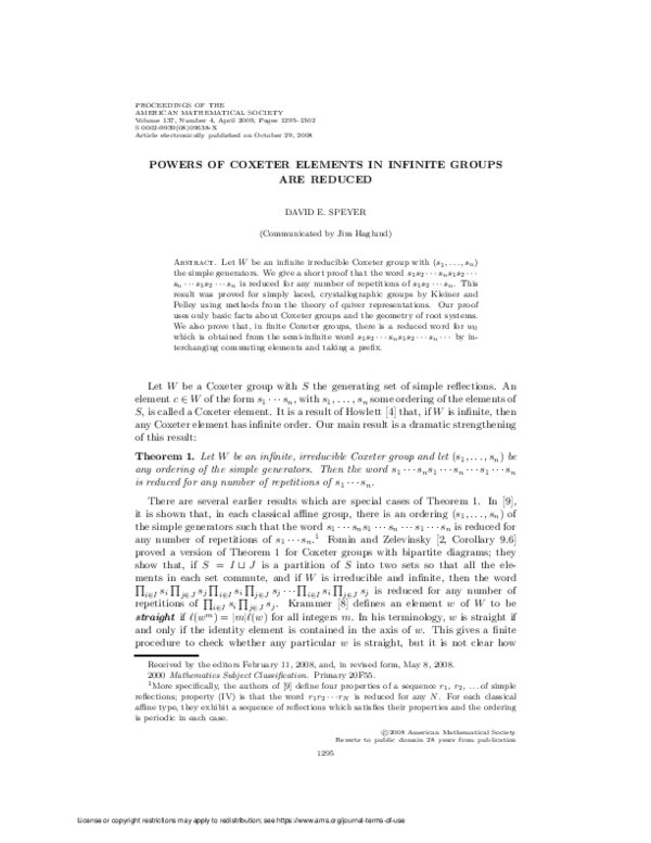 (PDF) Powers of Coxeter elements in infinite groups are reduced