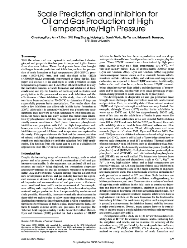 (PDF) Scale Prediction and Inhibition for Oil and Gas Production at ...