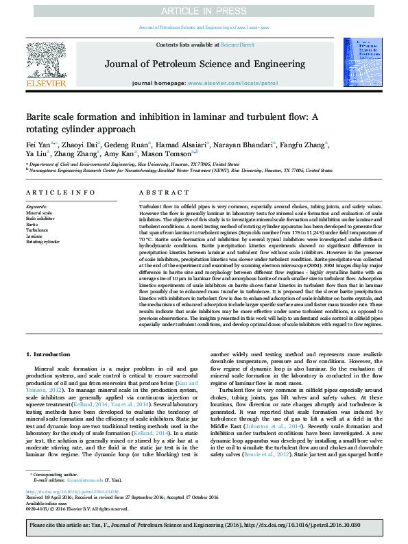 (PDF) Barite scale formation and inhibition in laminar and turbulent ...