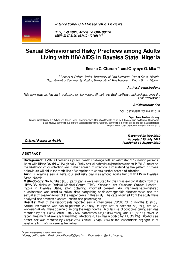(PDF) Sexual Behavior and Risky Practices among Adults Living with HIV/AIDS in Bayelsa State ...