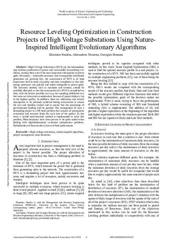 Pdf Resource Leveling Optimization In Construction Projects Of High Voltage Substations Using
