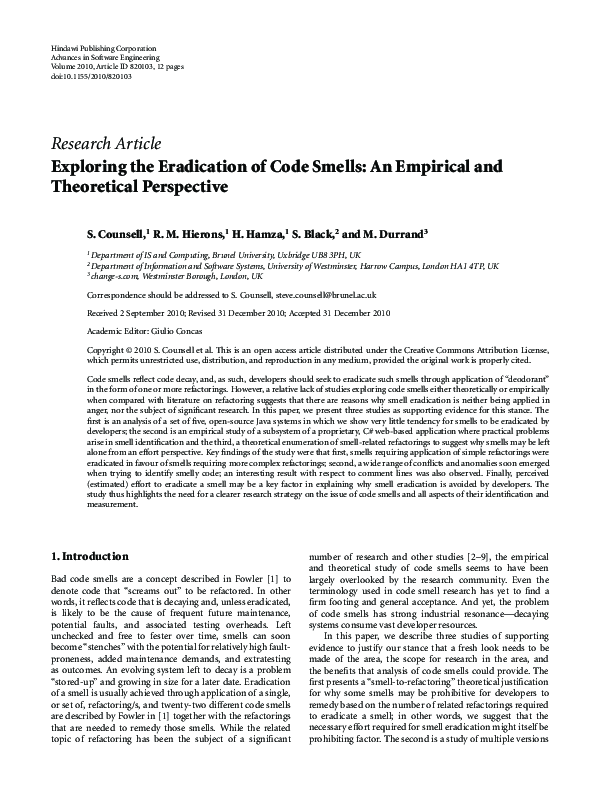 (PDF) Exploring the Eradication of Code Smells: An Empirical and ...