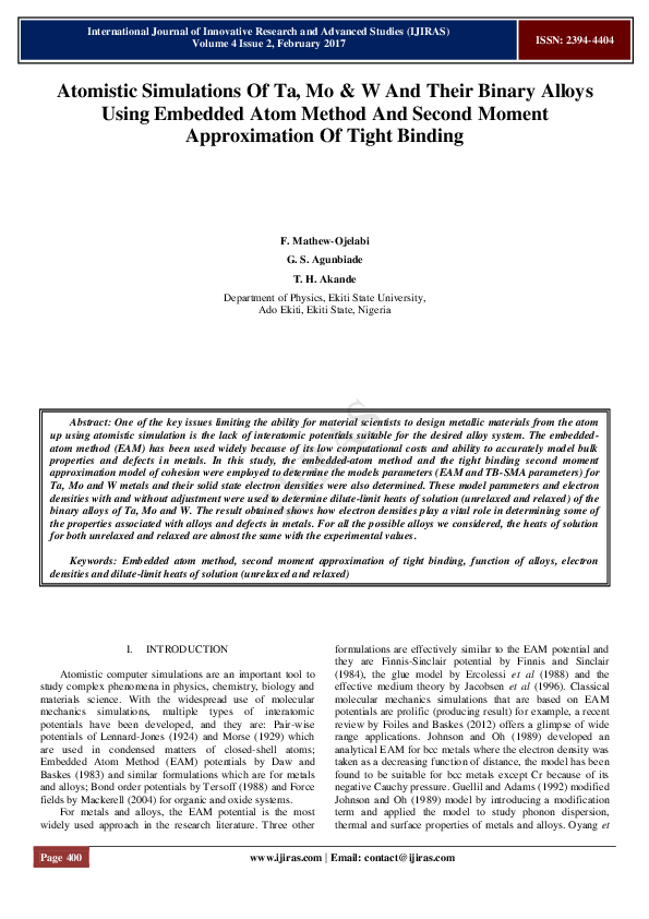 (PDF) Atomistic Simulations Of Ta , Mo & W And Their Binary Alloys Using Embedded Atom Method ...