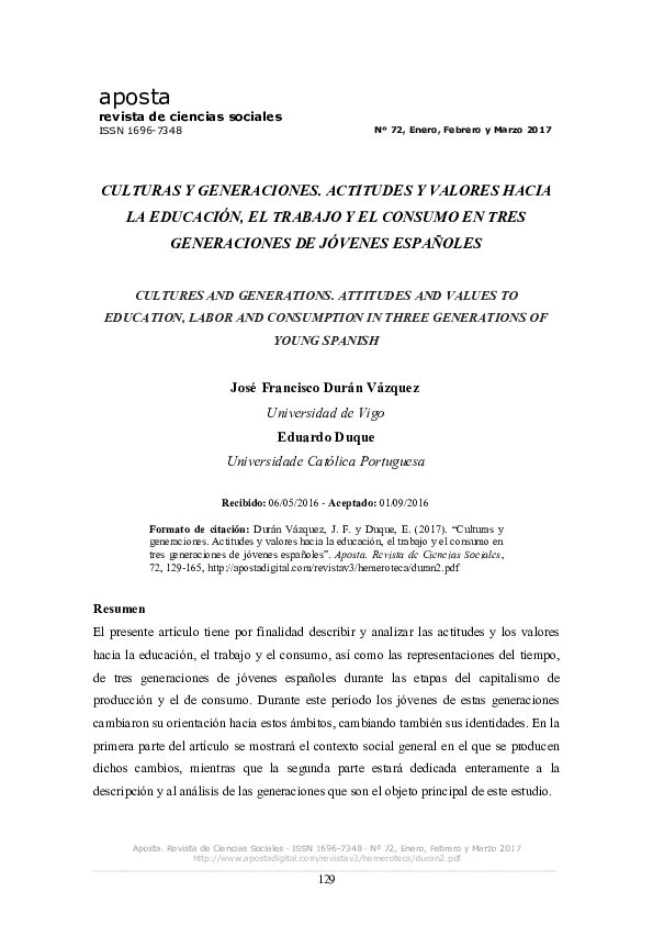 (PDF) Culturas y generaciones. Actitudes y valores hacia la educación, el trabajo y el consumo ...