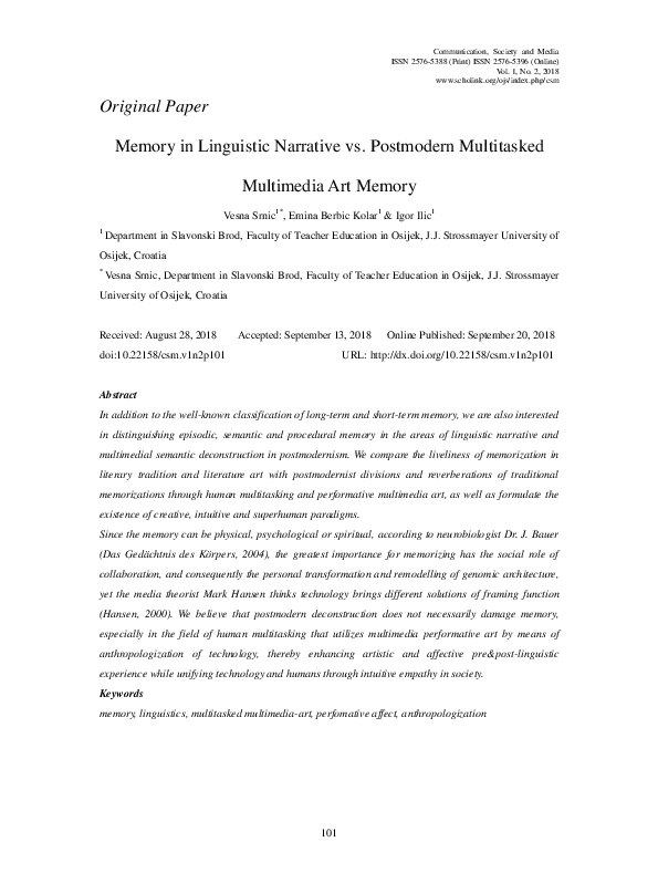 (PDF) Memory in Linguistic Narrative vs. Postmodern Multitasked ...