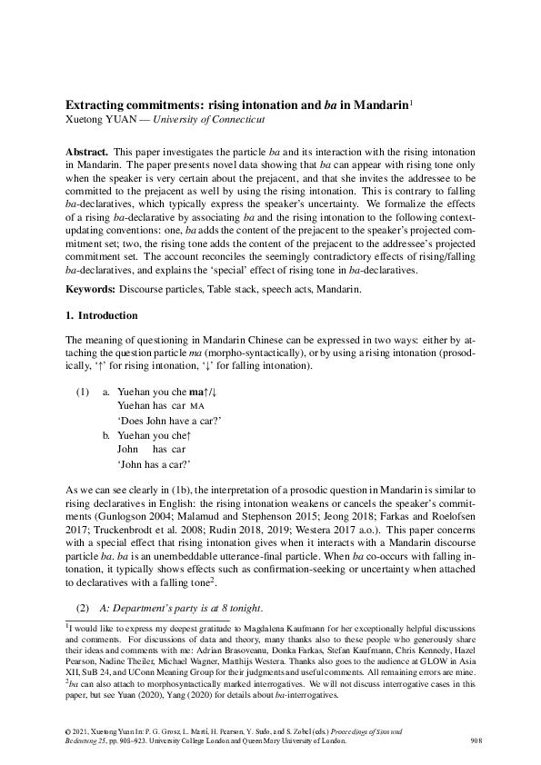 (PDF) Extracting commitments: rising intonation and 'ba' in Mandarin