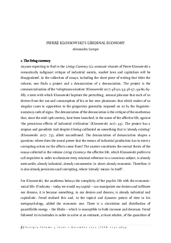 (PDF) CAMPO A (2022). Pierre Klossowski's libidinal economy - VESTIGIA
