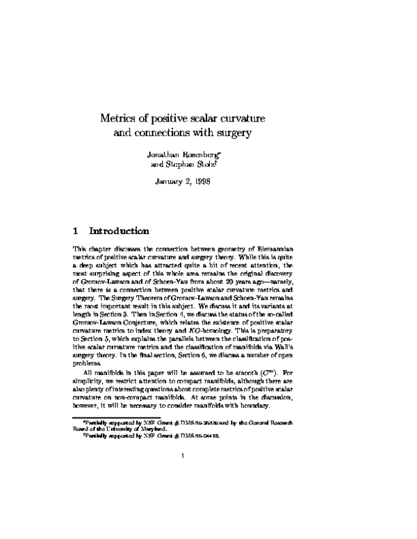 (PDF) Metrics of positive scalar curvature and connections with surgery