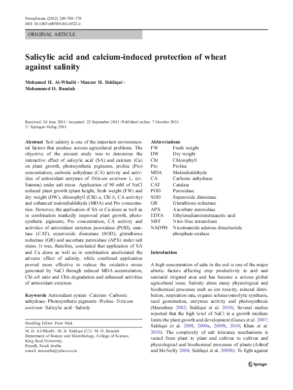 (PDF) Salicylic acid and calcium-induced protection of wheat against ...