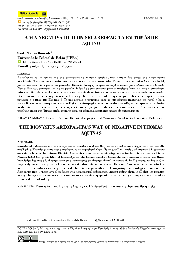 (PDF) A via negativa de Dionísio Areopagita em Tomás de Aquino