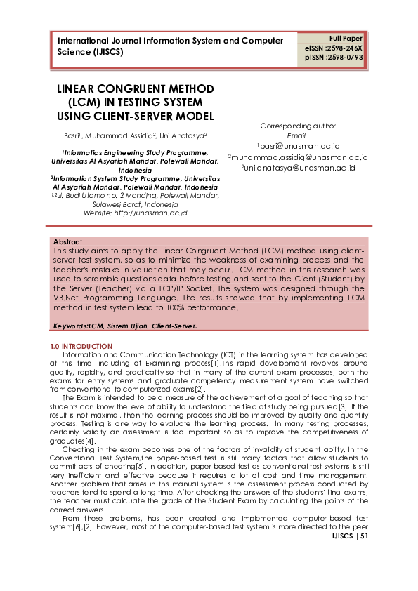 (PDF) Linear Congruent Method (LCM) in Testing System Using Client ...