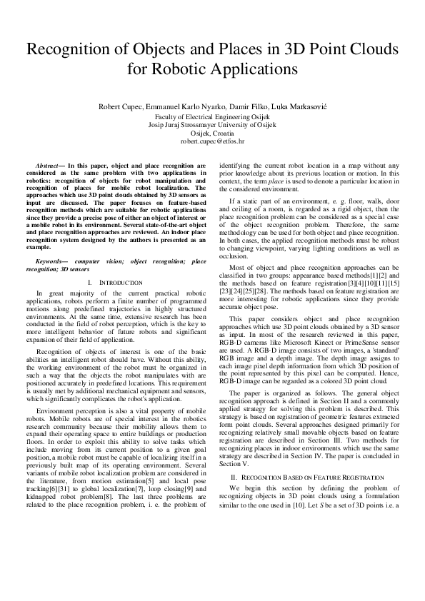 (PDF) Recognition of Objects and Places in 3D Point Clouds for Robotic Applications