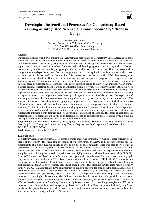 (PDF) Developing Instructional Processes for Competency Based Learning of Integrated Science at ...