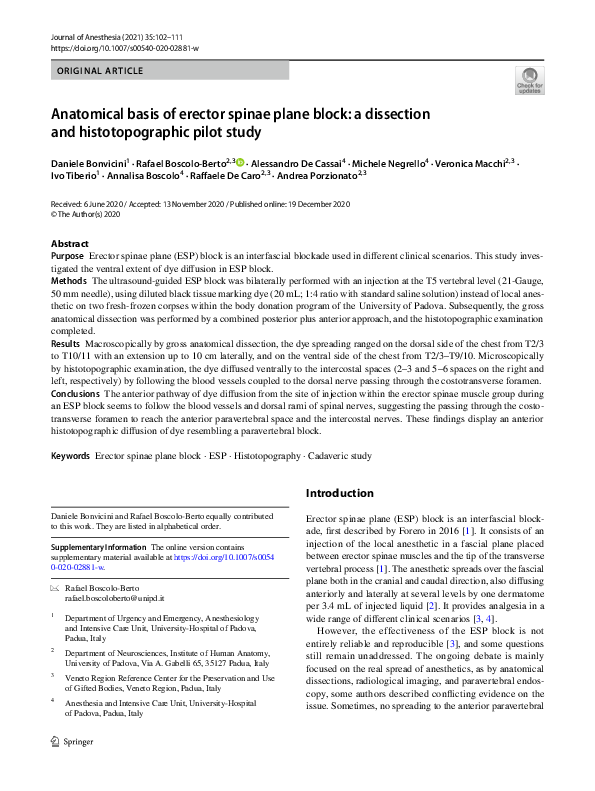 (PDF) Anatomical basis of erector spinae plane block: a dissection and ...