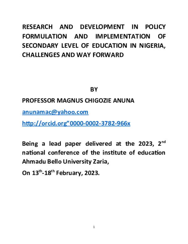 (DOC) RESEARCH AND DEVELOPMENT IN POLICY FORMULATION AND IMPLEMENTATION ...