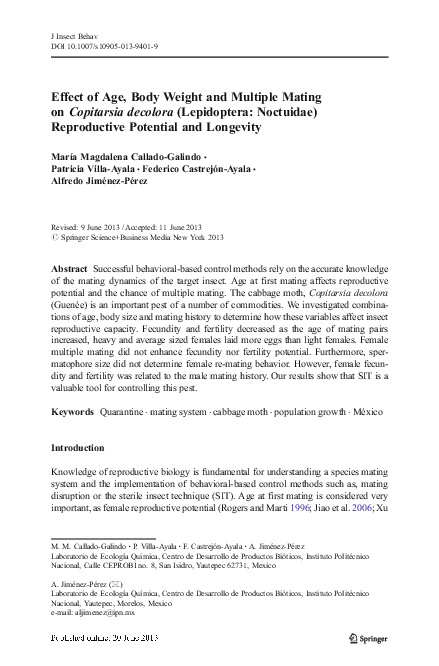 (PDF) Effect of Age, Body Weight and Multiple Mating on Copitarsia ...
