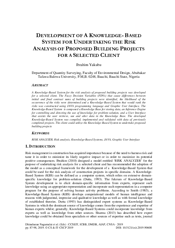 (PDF) Development of a Knowledge- Based System for Undertaking the Risk Analysis of Proposed ...