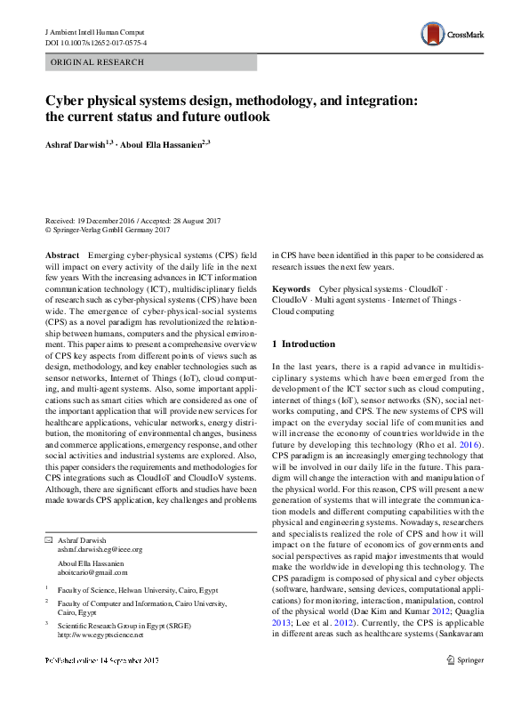 Pdf Cyber Physical Systems Design Methodology And Integration The Current Status And Future 2718