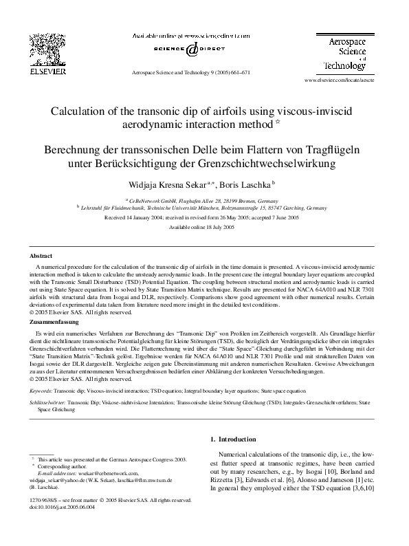 (PDF) Calculation of the transonic dip of airfoils using viscous-inviscid aerodynamic ...