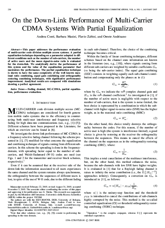 (PDF) On the down-link performance of multi-carrier CDMA systems with partial equalization