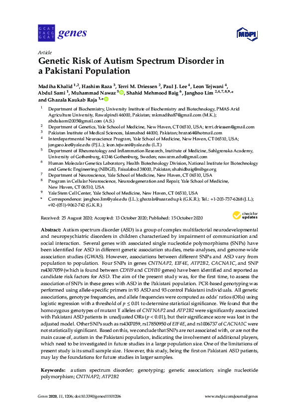(PDF) Genetic Risk of Autism Spectrum Disorder in a Pakistani Population