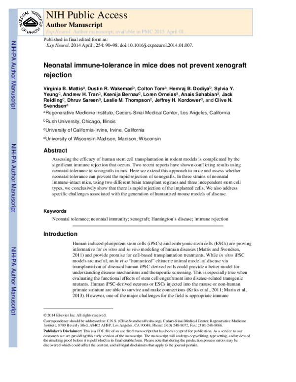 (PDF) Neonatal immune-tolerance in mice does not prevent xenograft ...