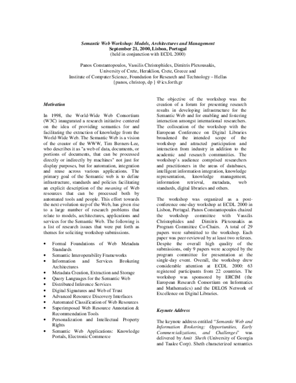 Pdf Semantic Web Workshop Models Architectures And Management