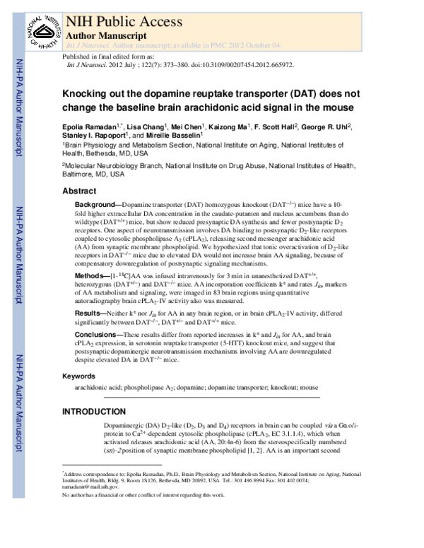 (PDF) Knocking out the dopamine reuptake transporter (DAT) does not ...