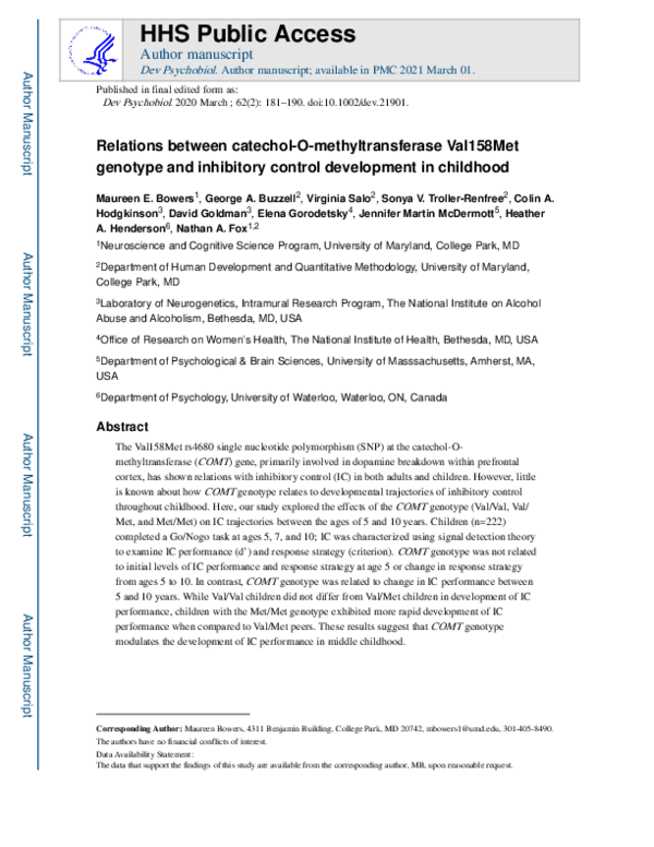 (PDF) Relations between catechol‐O‐methyltransferase Val158Met genotype and inhibitory control ...