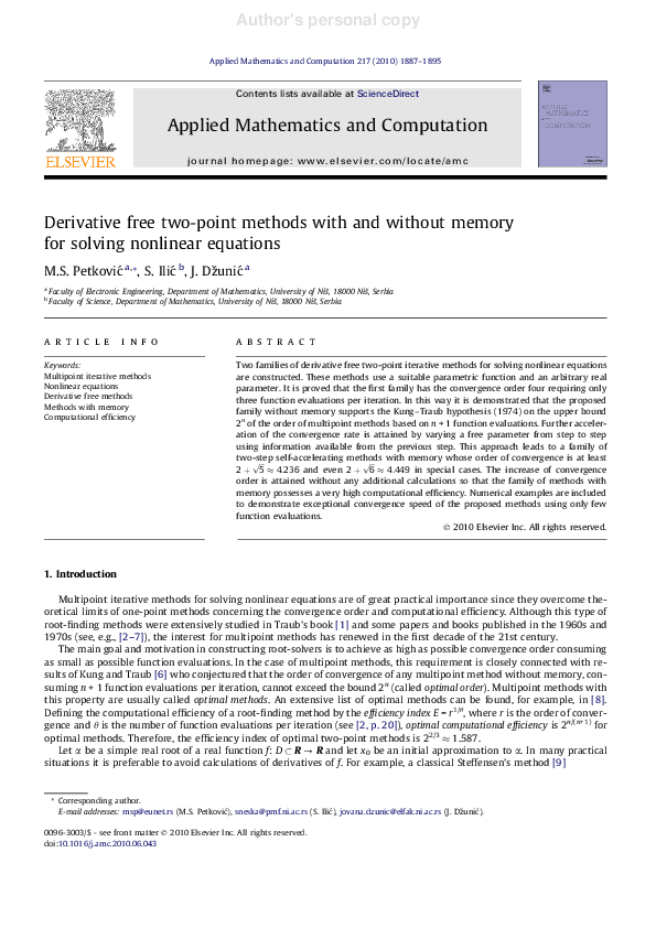 (PDF) Author ' s personal copy Derivative free two-point methods with and without memory for ...