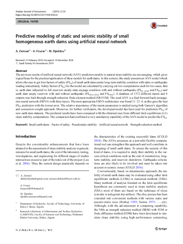(PDF) Predictive modeling of static and seismic stability of small homogeneous earth dams using ...