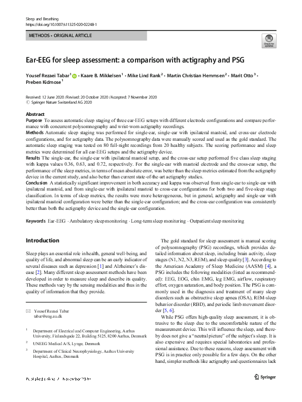 (PDF) Ear-EEG for sleep assessment: a comparison with actigraphy and PSG