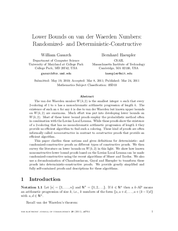 (PDF) Lower Bounds on van der Waerden Numbers: Randomized- and Deterministic-Constructive