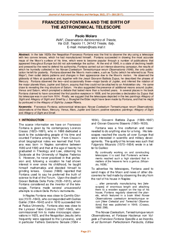 (PDF) Francesco Fontana and the Birth of the Astronomical Telescope