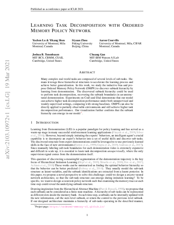 (PDF) Learning Task Decomposition with Ordered Memory Policy Network