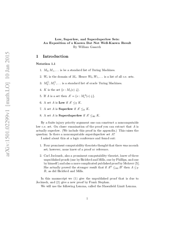 (PDF) Low, Superlow, and Superduperlow Sets: An Exposition of a Known ...