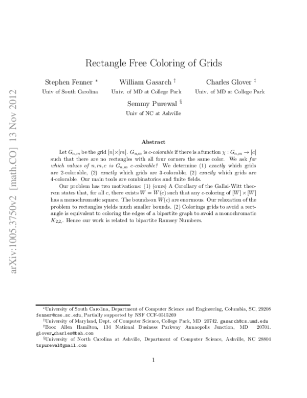 (PDF) Rectangle free colorings of grids | William Gasarch - Academia.edu