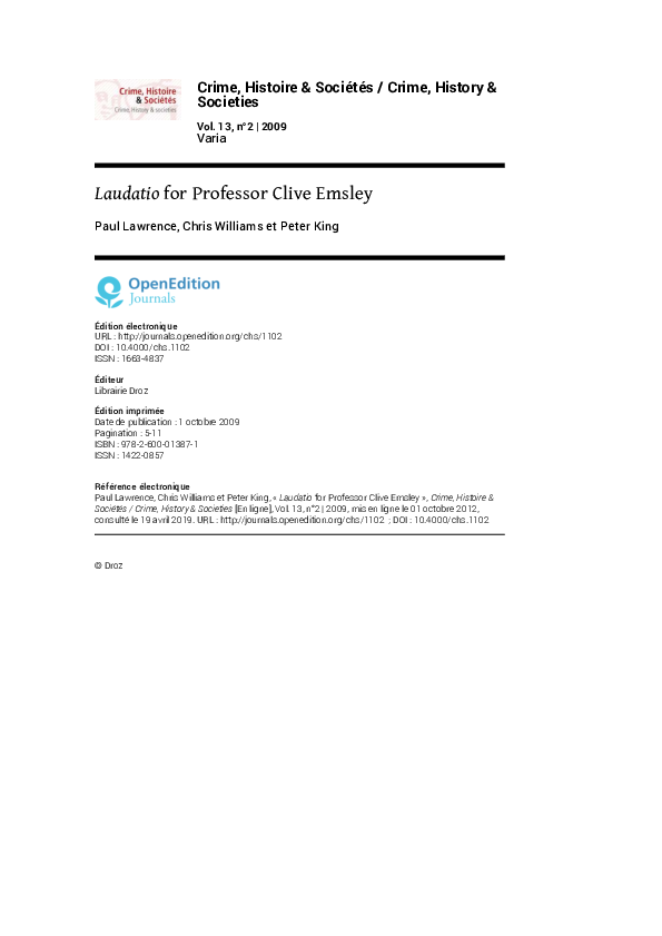 (PDF) Laudatio for Professor Clive Emsley