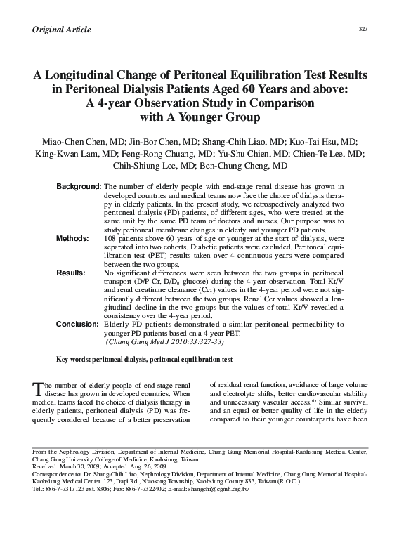 (PDF) A longitudinal change of peritoneal equilibration test results in ...