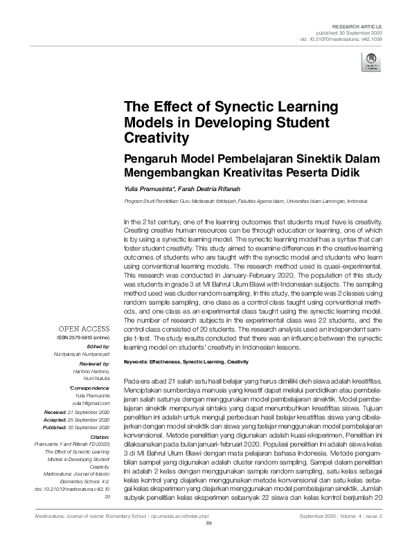 (PDF) The Effect of Synectic Learning Models in Developing Student ...
