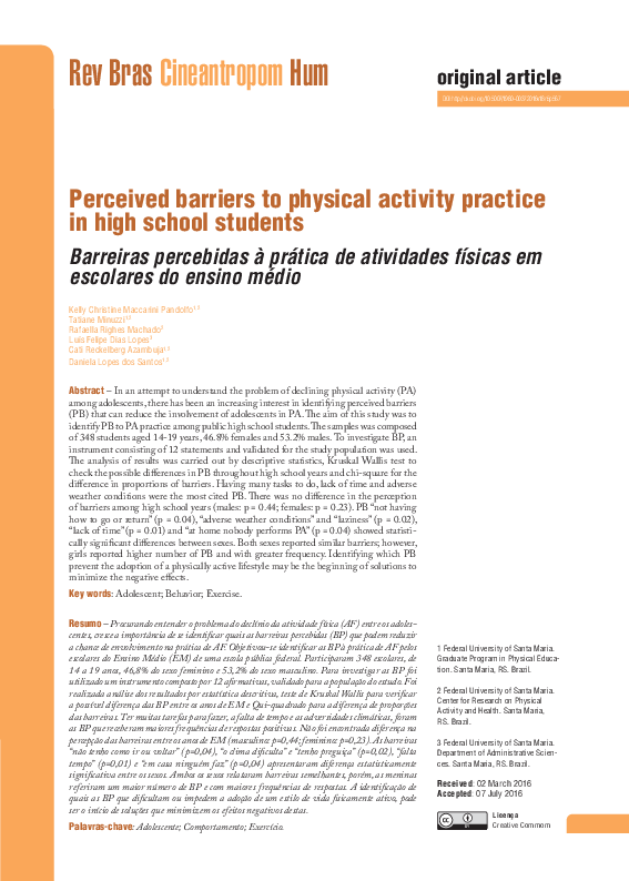 (PDF) Perceived barriers to physical activity practice in high school students