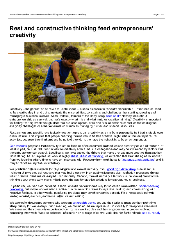 (PDF) Rest and constructive thinking feed entrepreneurs' creativity