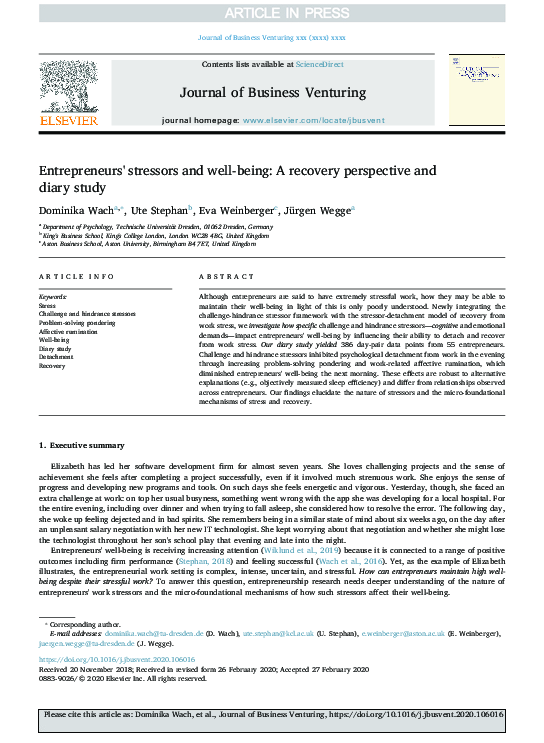 (PDF) Entrepreneurs' stressors and well-being: A recovery perspective ...