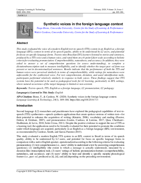 (PDF) Synthetic Voices in the Foreign Language Context