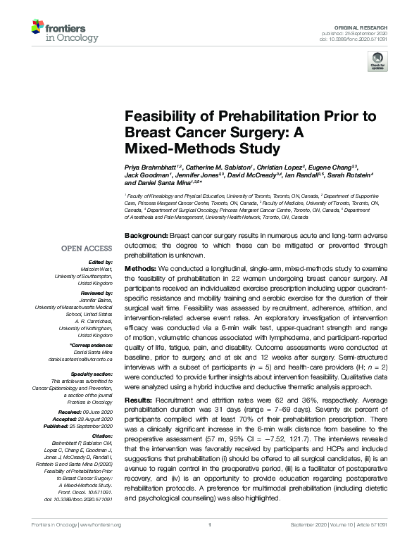 (PDF) Feasibility of Prehabilitation Prior to Breast Cancer Surgery: A Mixed-Methods Study