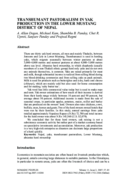(PDF) Transhumant Pastoralism in Yak Production in the Lower Mustang District of Nepal